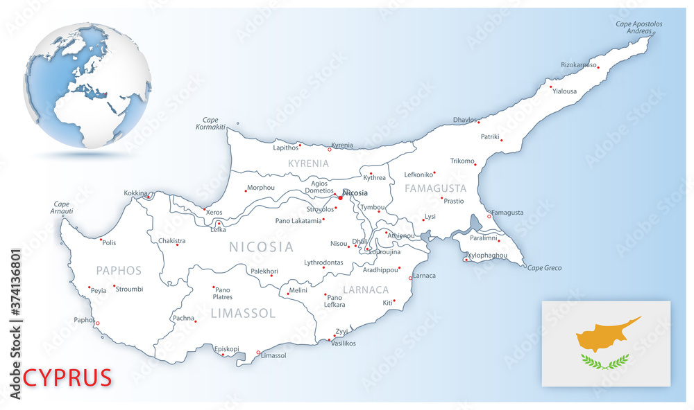 Detailed map of Cyprus administrative divisions with country flag and ...