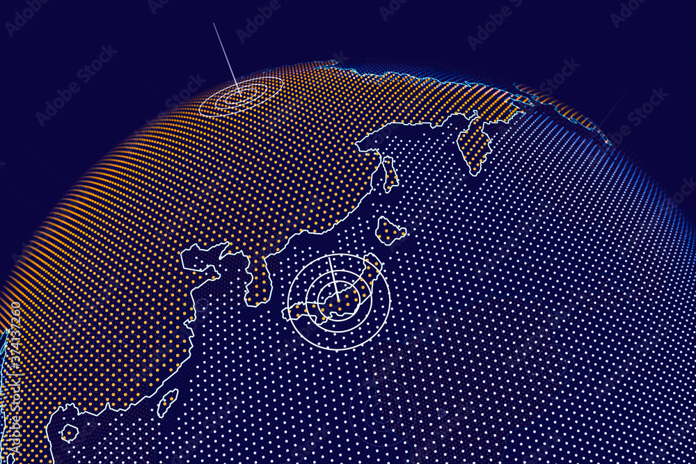 Globe with highlighted continents and pointer marks showing Japan and ...