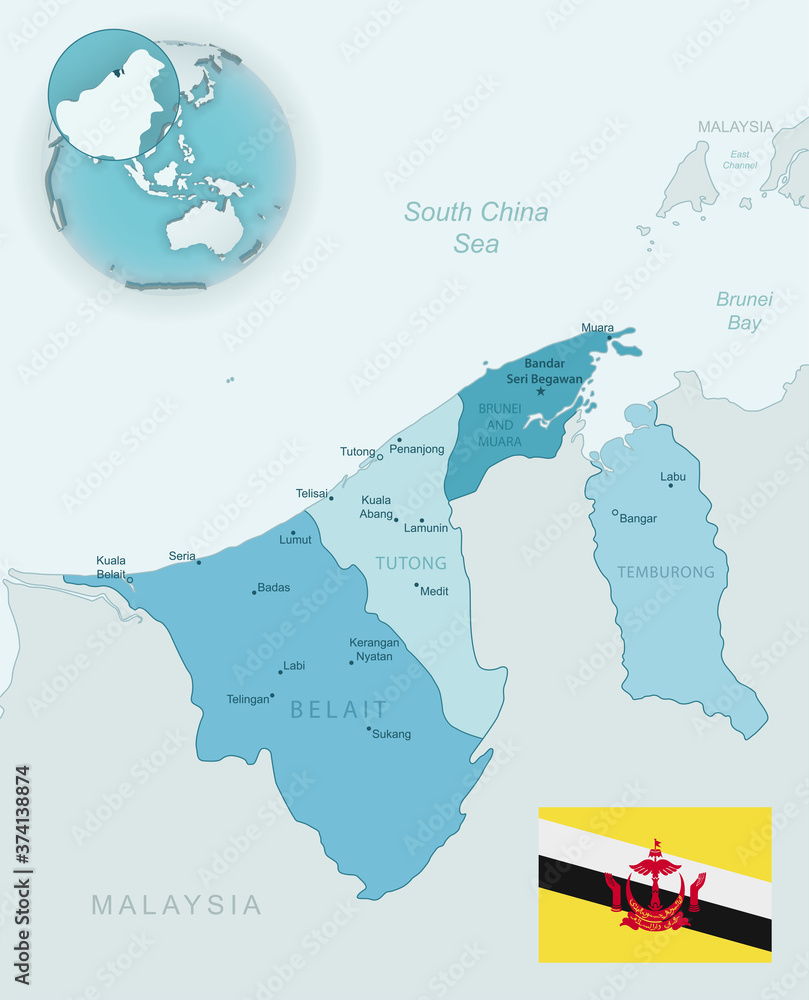 Blue-green detailed map of Brunei administrative divisions with country ...