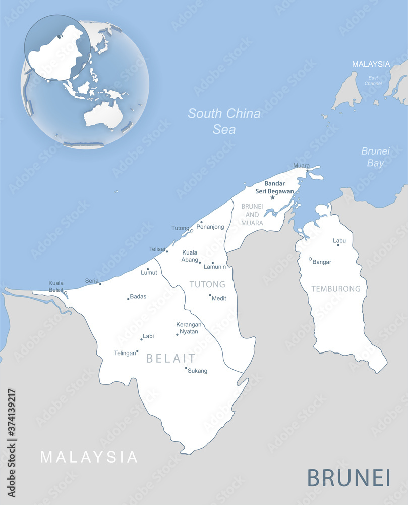Blue-gray detailed map of Brunei and administrative divisions and ...