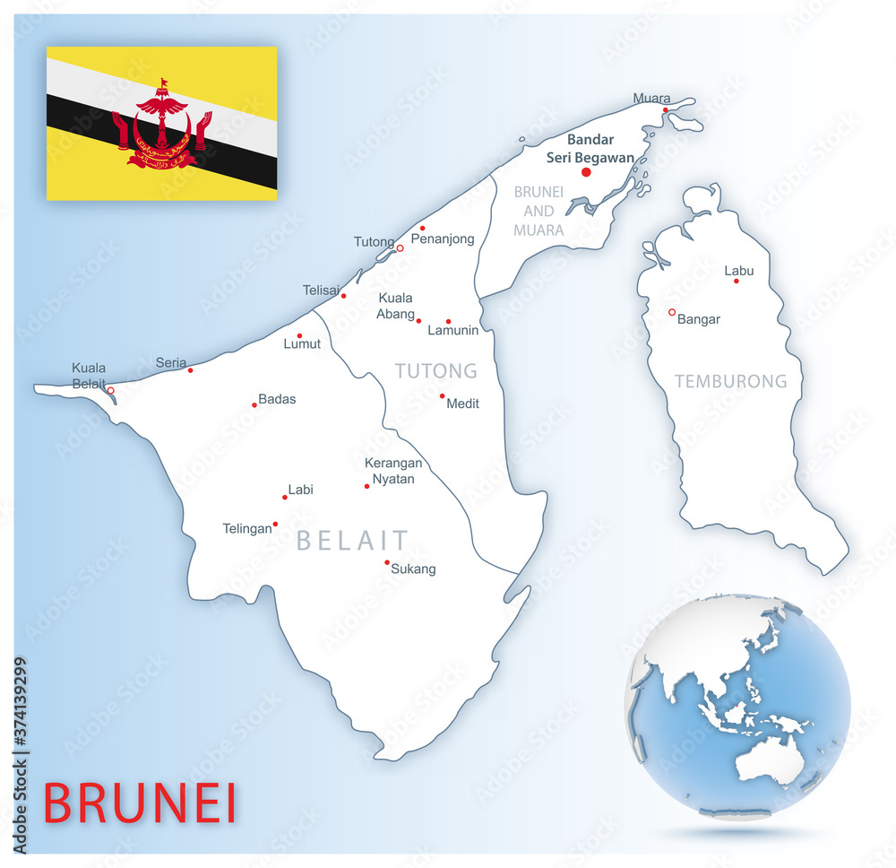 Detailed Brunei administrative map with country flag and location on a ...