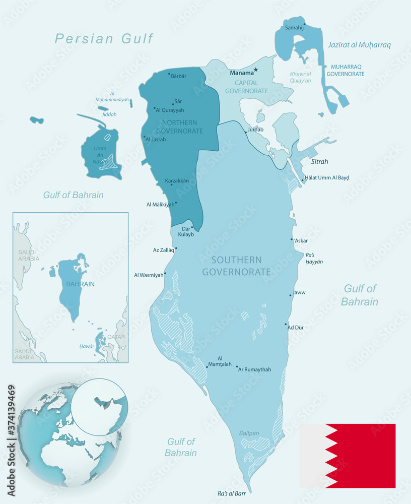 Blue-green detailed map of Bahrain administrative divisions with ...