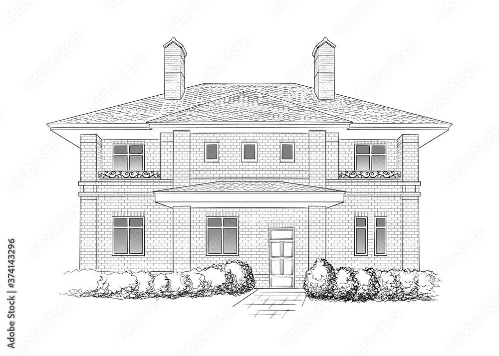 House portrait illustration, black and white monochrome home sketch art ...