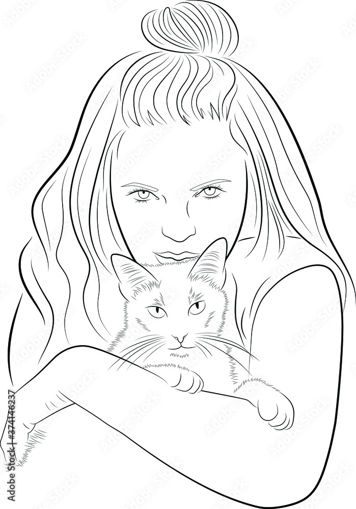 Vector Illustration Coloring Book Page Line Art Beautiful Woman Holding ...