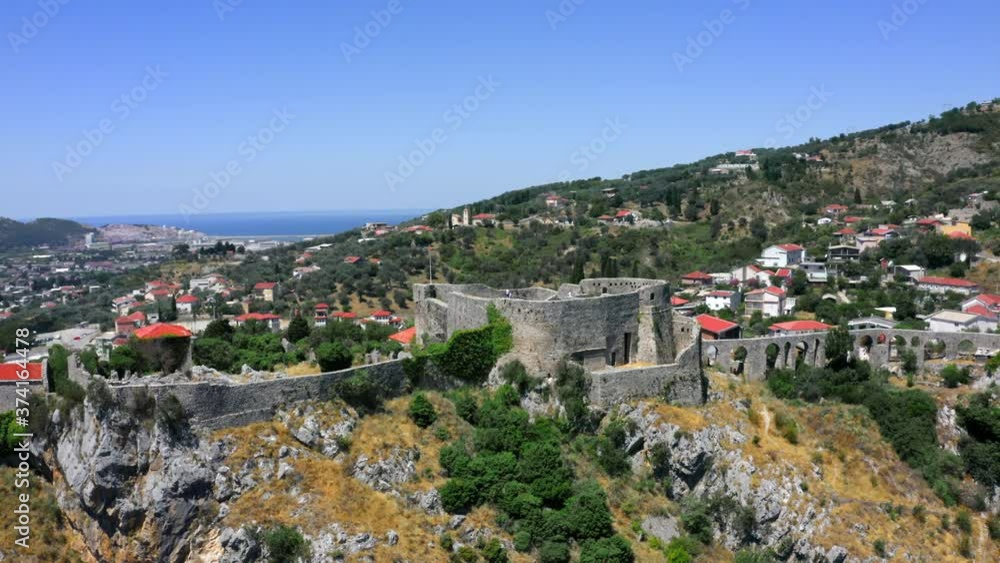 Rotating aerial 4k shot of the old Stari Bar fortress in Montenegro ...
