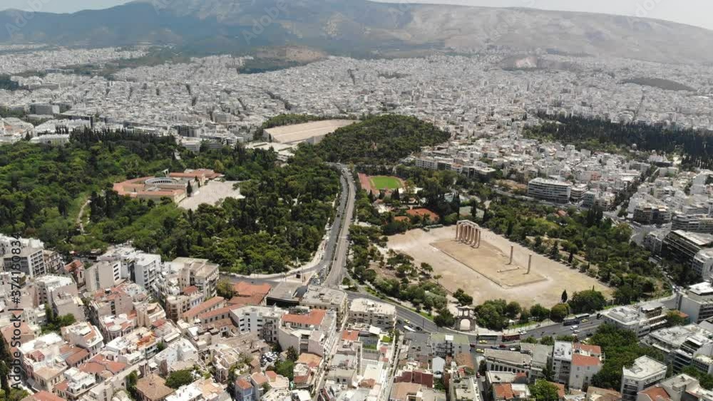 Panoramic aerial view of central Athens, including the landmarks of ...