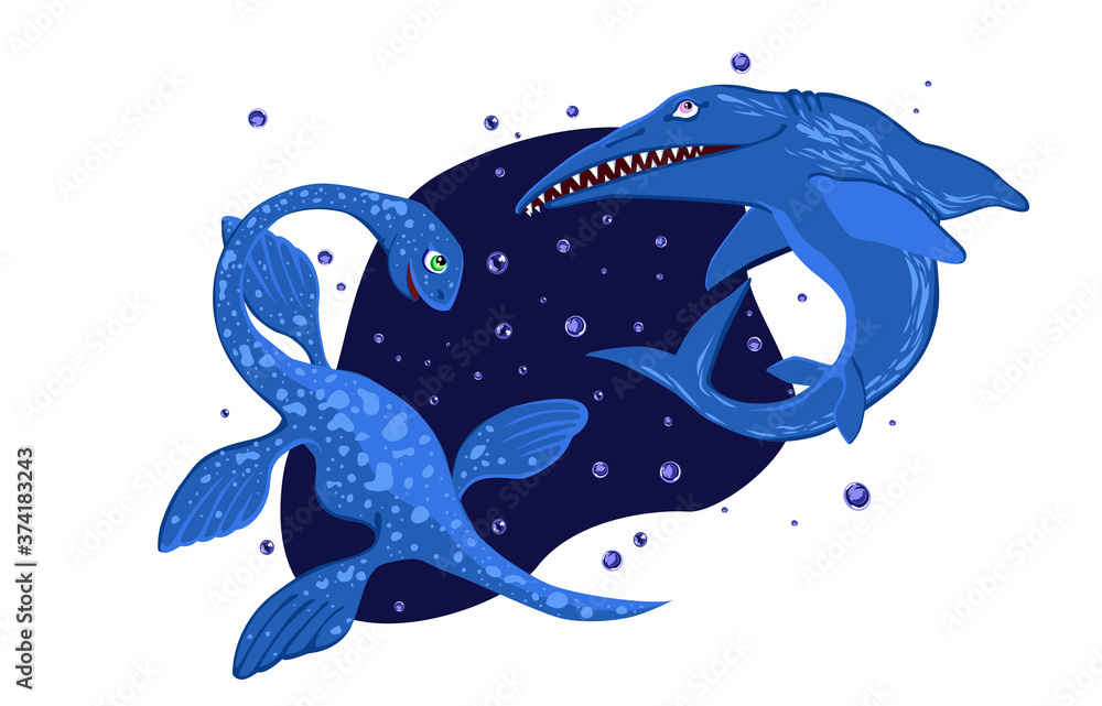 Water dinosaurs. Ichthyosaurus and plesiosaurus. Vector color ...