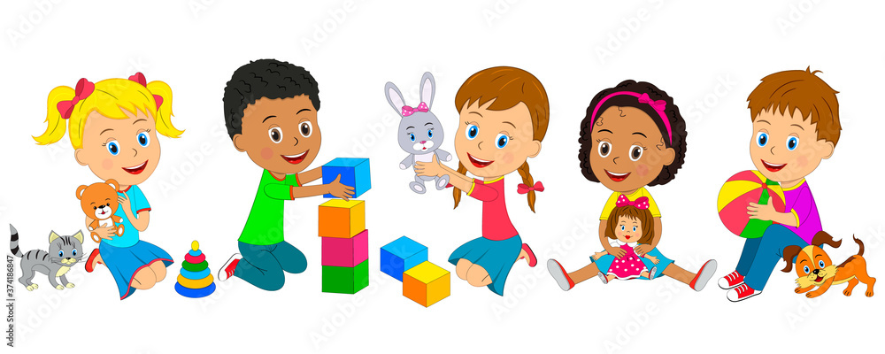 cartoon little kids play with toys,illustration,vector Stock Vector ...