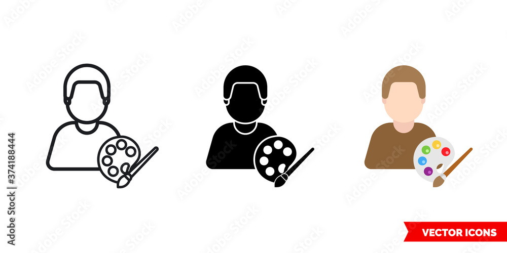 Painter artist icon of 3 types color, black and white, outline ...
