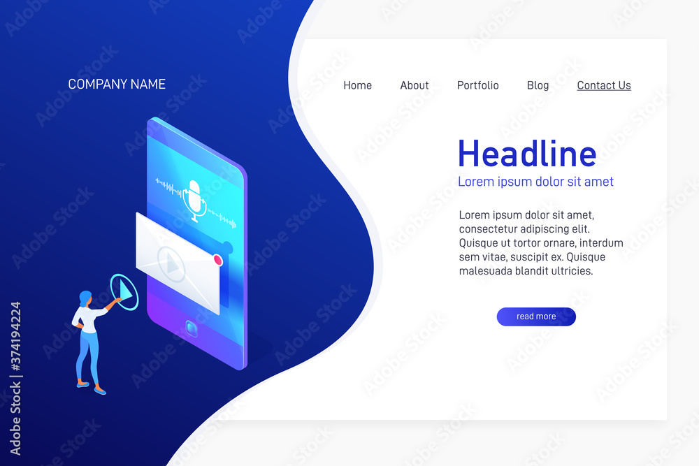 Landing page template with isometric concept playing voice message on ...