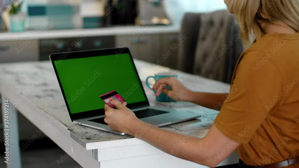 woman typing credit card data into laptop with green screen. Rbbro mock ...