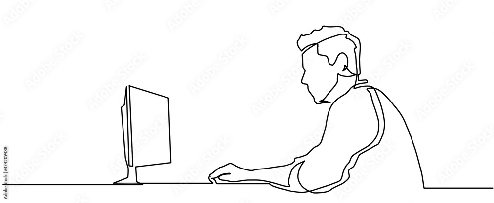 Continuous line drawing of an office worker focused at a computer ...