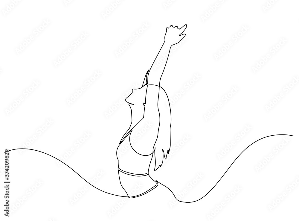 Continuous line drawing of happy woman raising hands. Continuous line ...