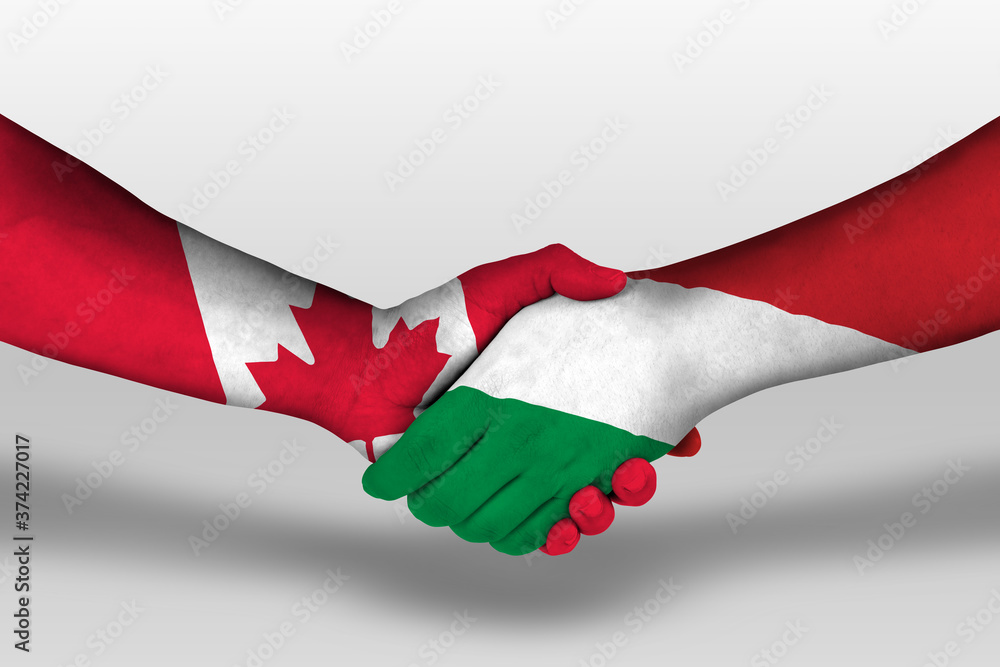 Handshake between hungary and canada flags painted on hands ...