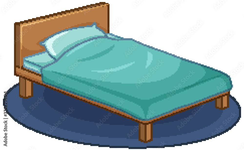 Wooden single bed on round carpet with blue blanket and pillow in ...