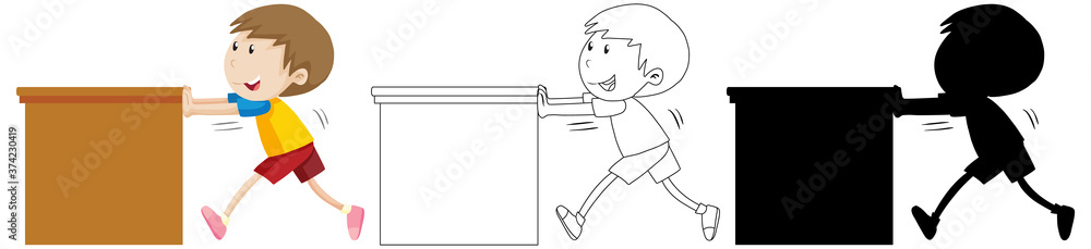 Boy pushing the table in color and in outline and silhouette Stock ...