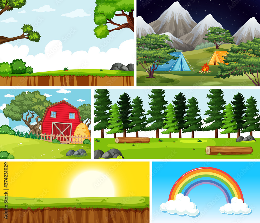 Six different scenes in nature setting cartoon style Stock Vector ...