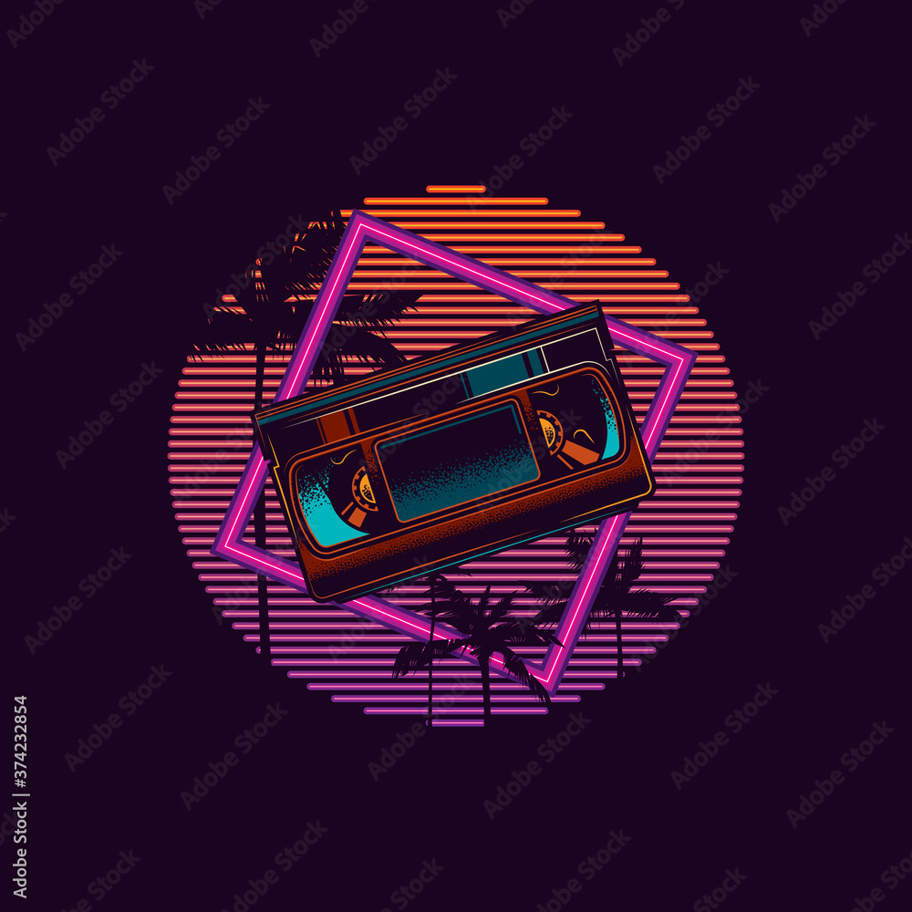 Original vector illustration in retro neon style of the 80's. Old VHS ...