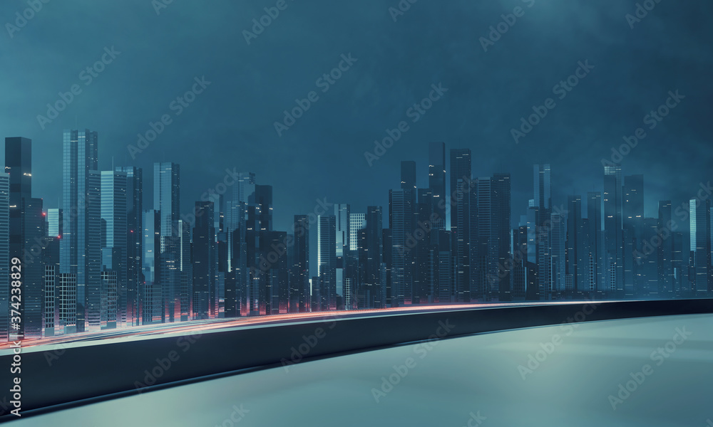 3D Rendering of roof top building with view of futuristic cyber punk ...