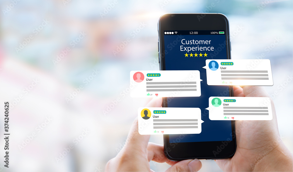 customer experience,review concept.Hands holding mobile phone Stock ...