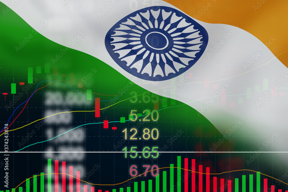 India Stock market and forex indicator trading graph with Indian flag ...