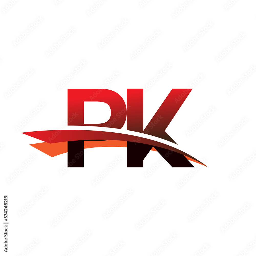 initial letter PK logotype company name colored black and red swoosh ...