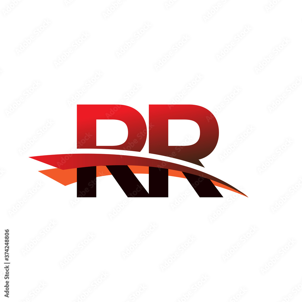 initial letter RR logotype company name colored black and red swoosh ...