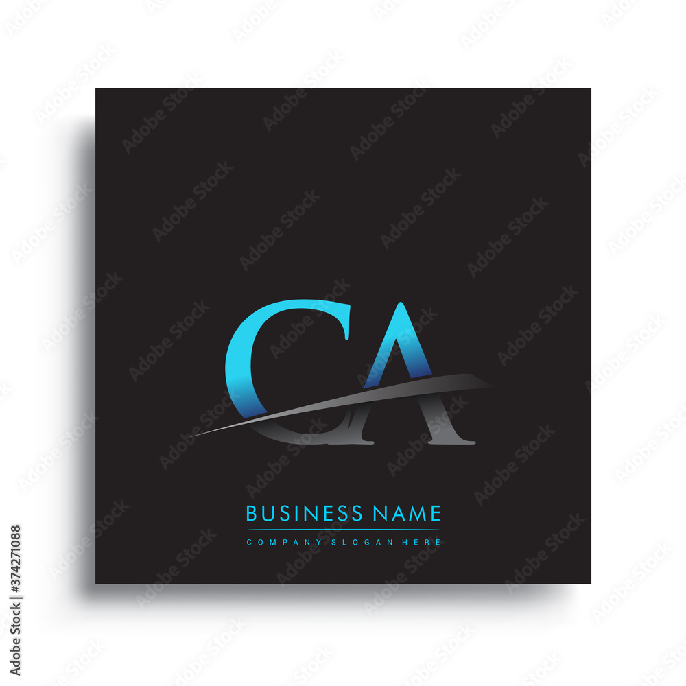 initial letter CA logotype company name colored blue and green swoosh ...