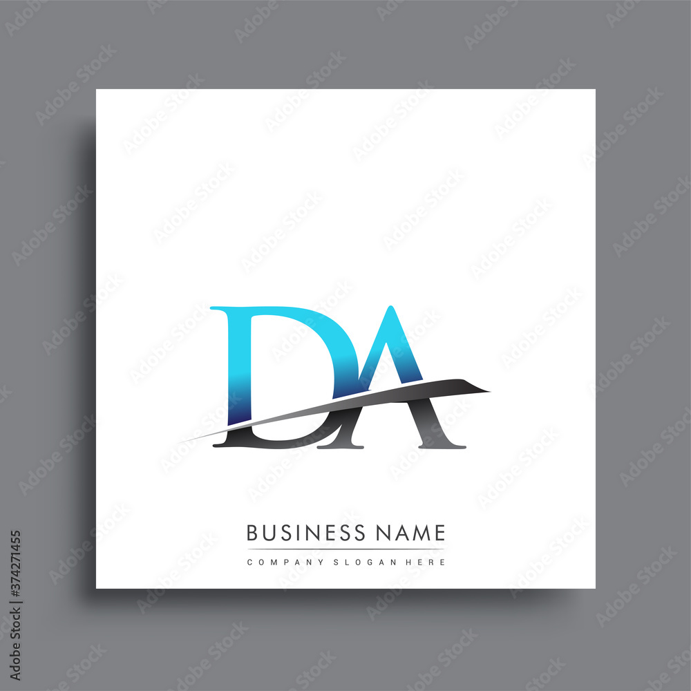 initial letter DA logotype company name colored blue and green swoosh ...