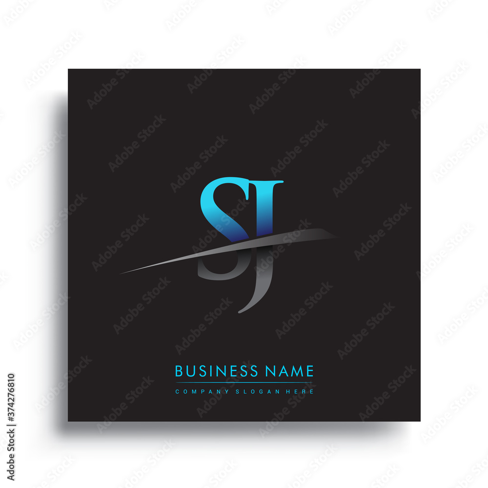 initial letter SJ logotype company name colored blue and green swoosh ...