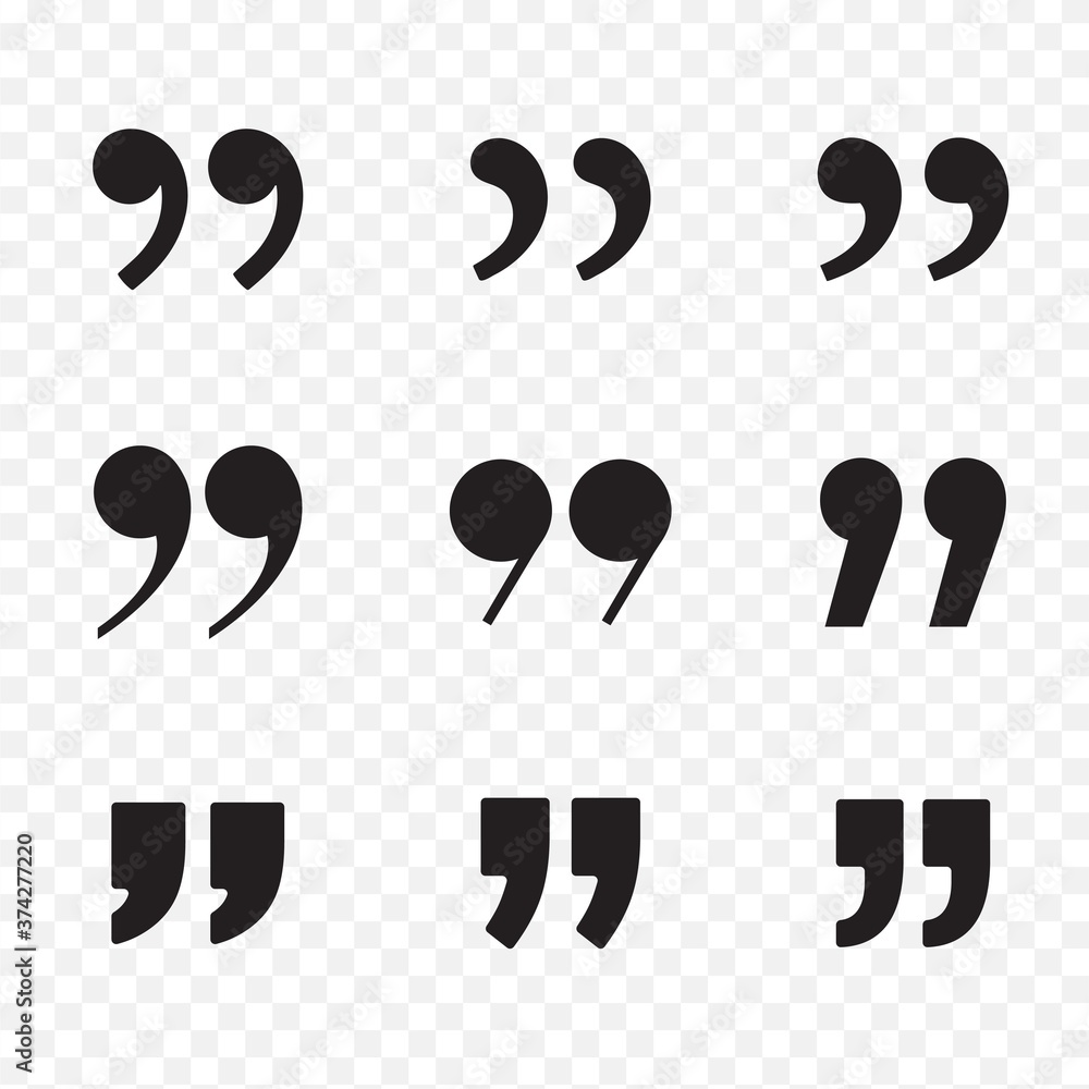 Quote mark black icon set isolated on transparent background. Quotation ...