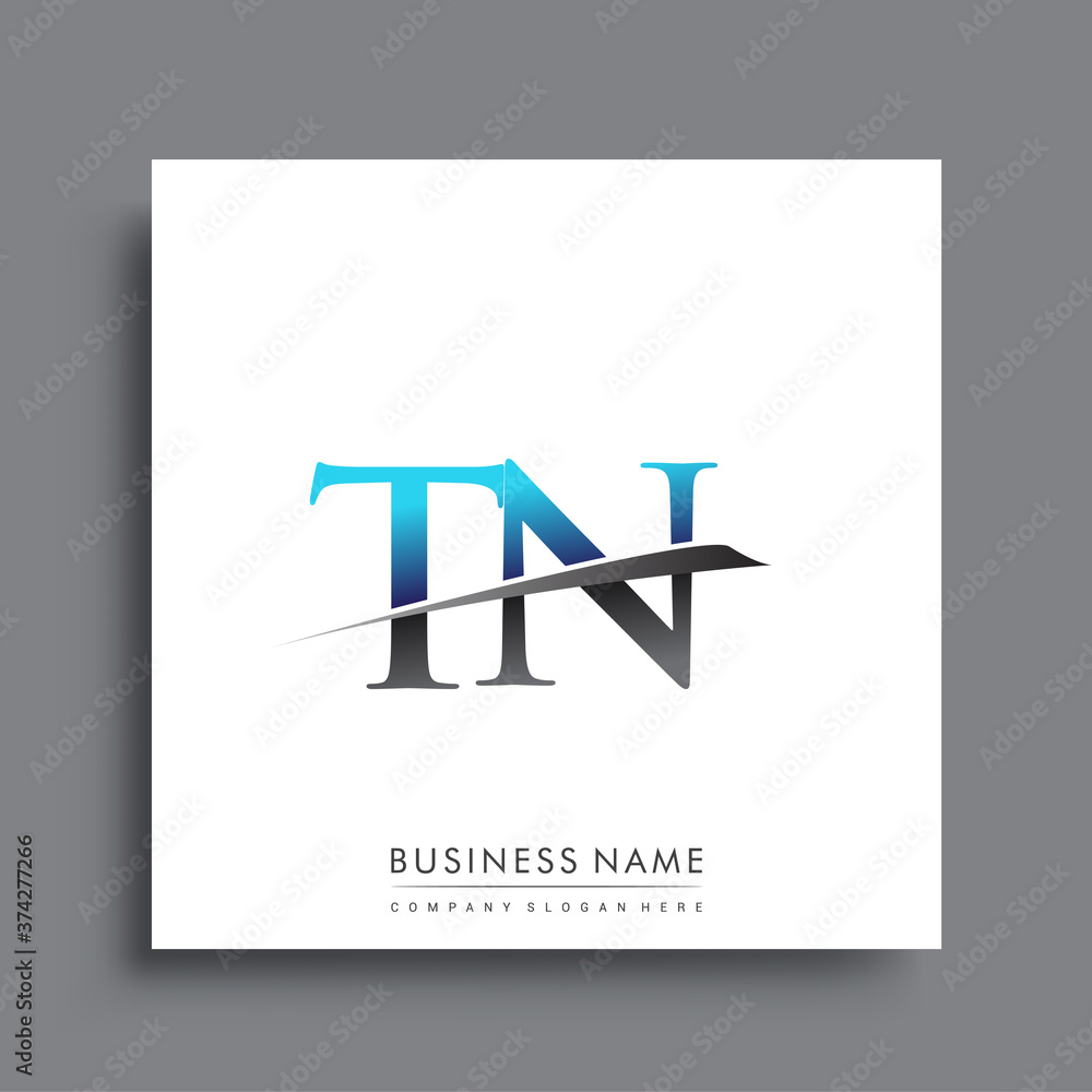 initial letter TN logotype company name colored blue and green swoosh ...