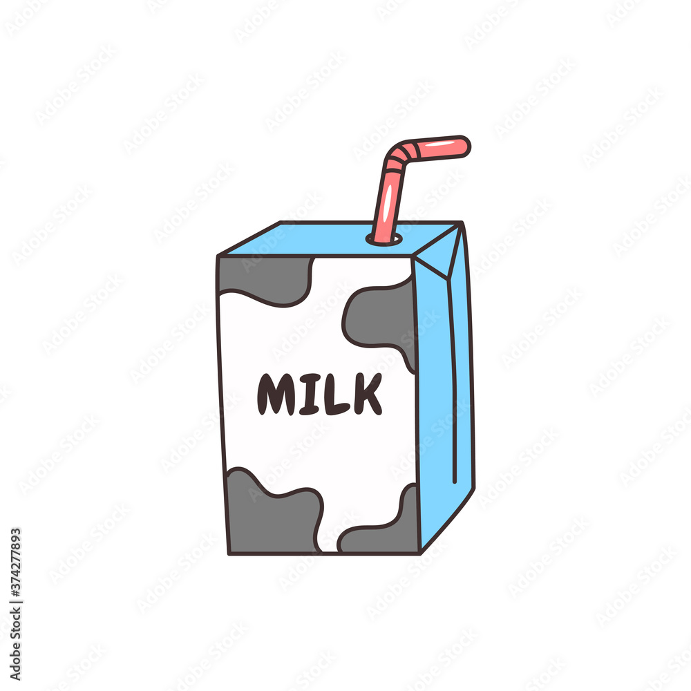 Cute milk box package with straw cartoon illustration isolated on white ...