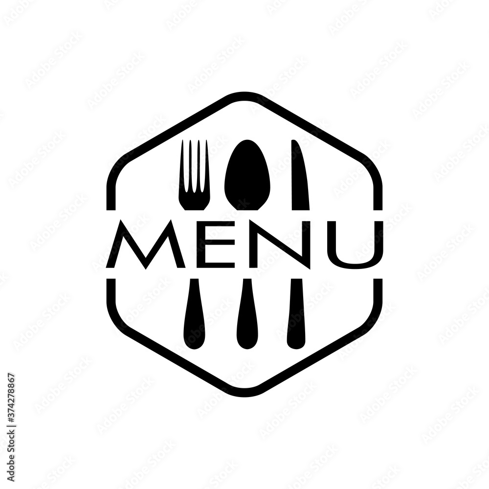 Logotipo lineal palabra Menu con cubiertos en hexágono en color negro ...