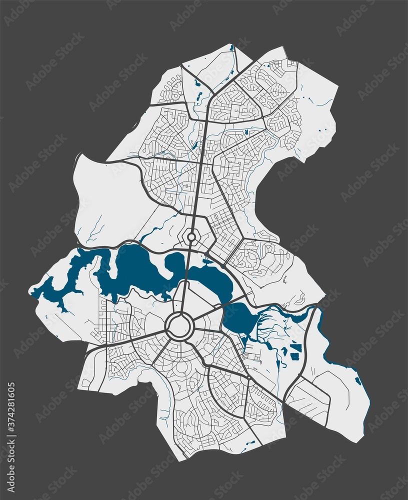 Canberra map. Detailed map of Canberra city poster with streets, water ...
