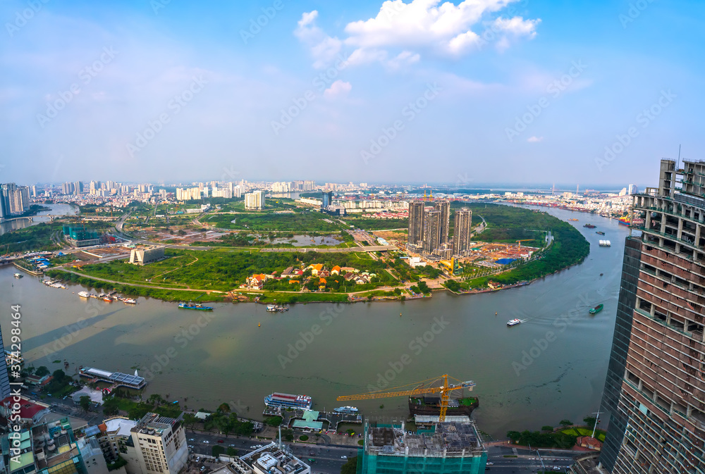 Panorama High view Saigon skyline when the sun shines down urban with ...