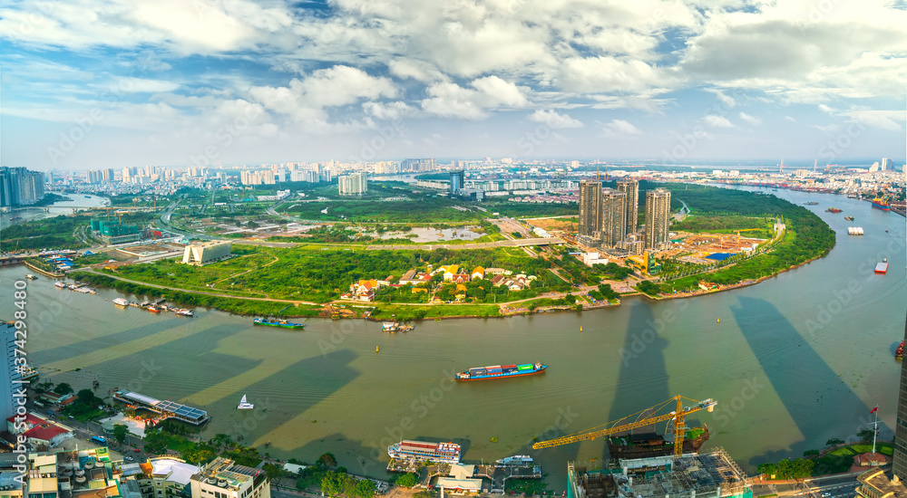 Panorama High view Saigon skyline when the sun shines down urban with ...
