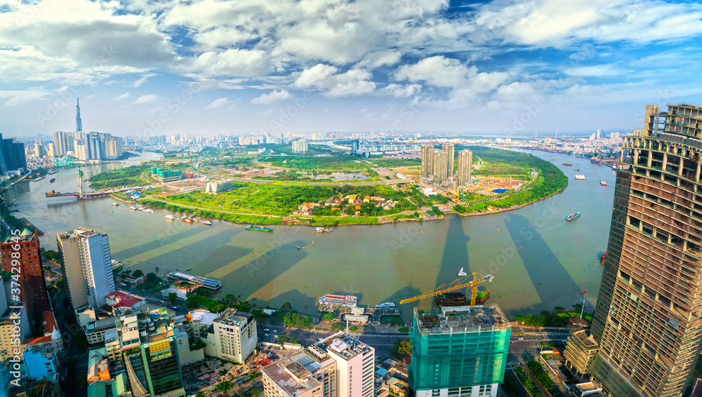 Panorama High view Saigon skyline when the sun shines down urban with ...