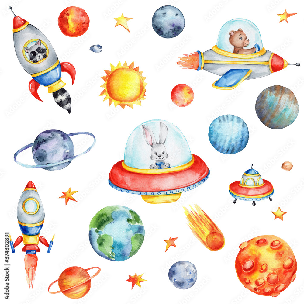 Big cosmic set with cartoon spaceships, planets, sun and stars ...