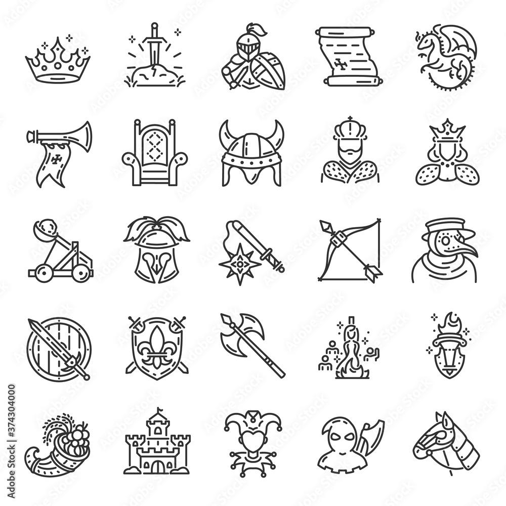 Medieval, Middle ages, icon set. History, linear icons. Knight. Line ...