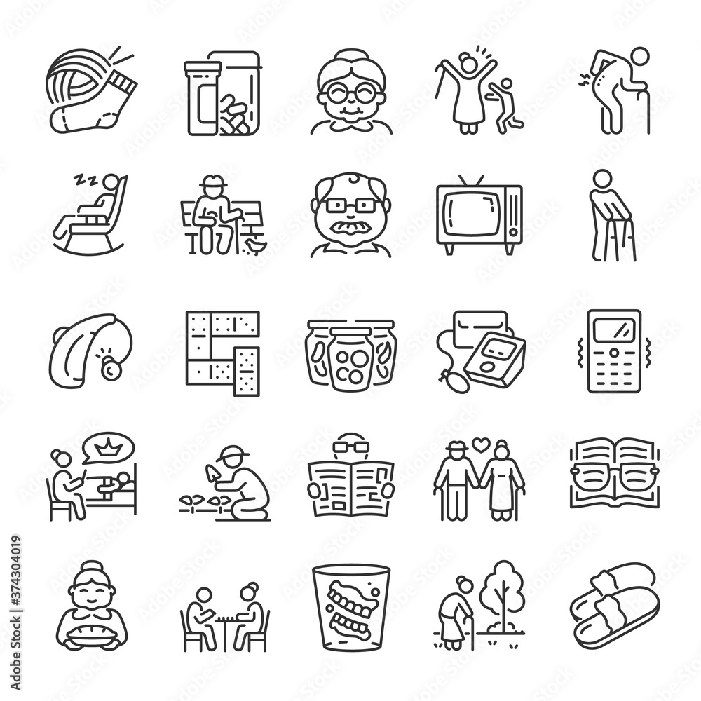 Old age, icon set. Grandfather and grandmother. Advanced age, linear ...