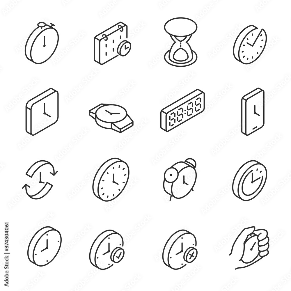 Time, icon set. Electronic and mechanical clocks of various shapes ...