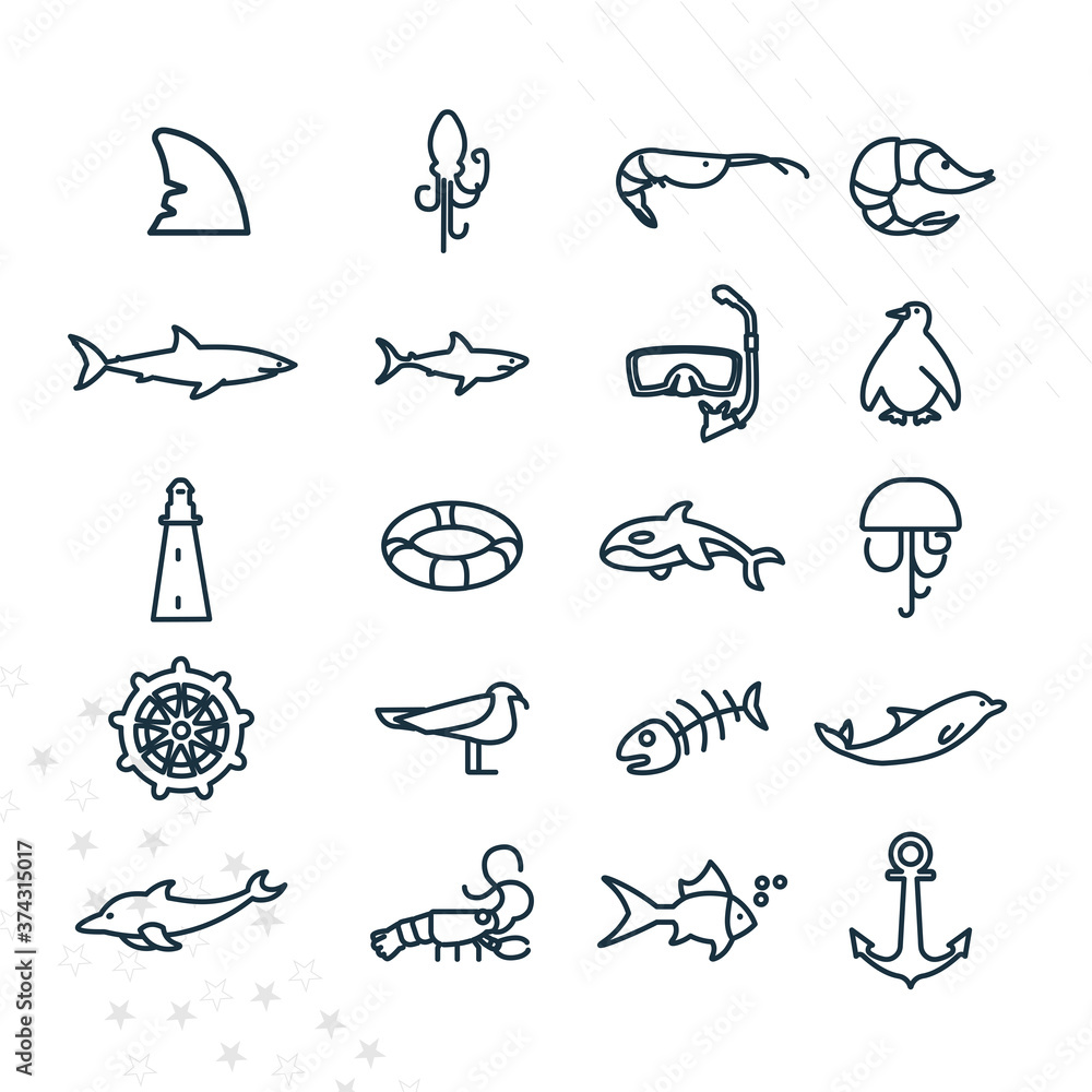sea line icon set with sea animals, shark, scuba mask, shrimp. fish ...