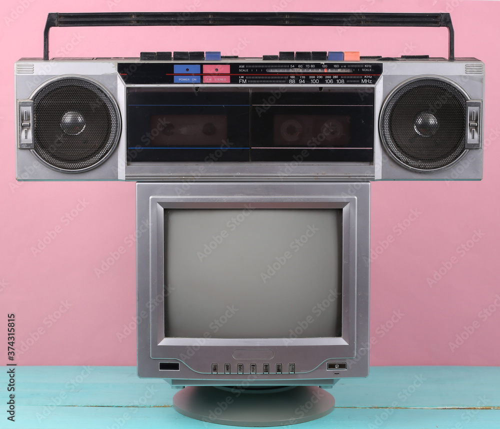80s Retro outdated portable stereo radio cassette recorder, tv set on ...
