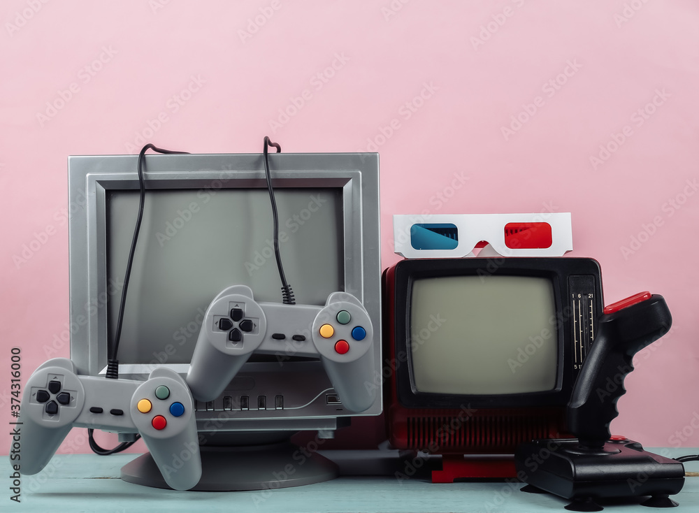 Retrogaming. Video game competition. Old TVs with joysticks and ...