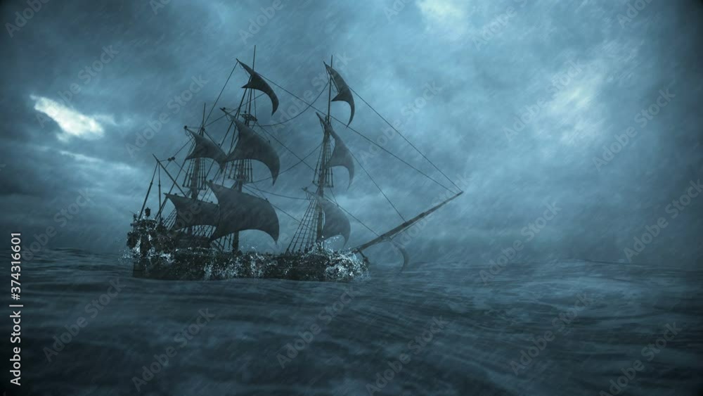 ship sailing in the ocean in a storm with rain and lightning, 3d ...