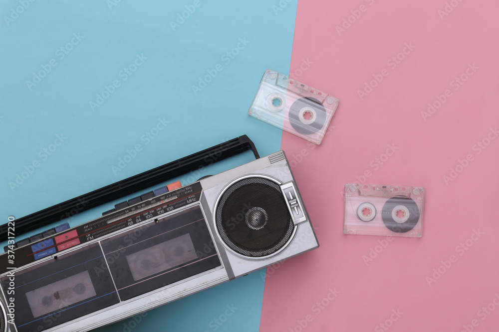 80s Retro outdated portable stereo radio cassette recorder and audio ...