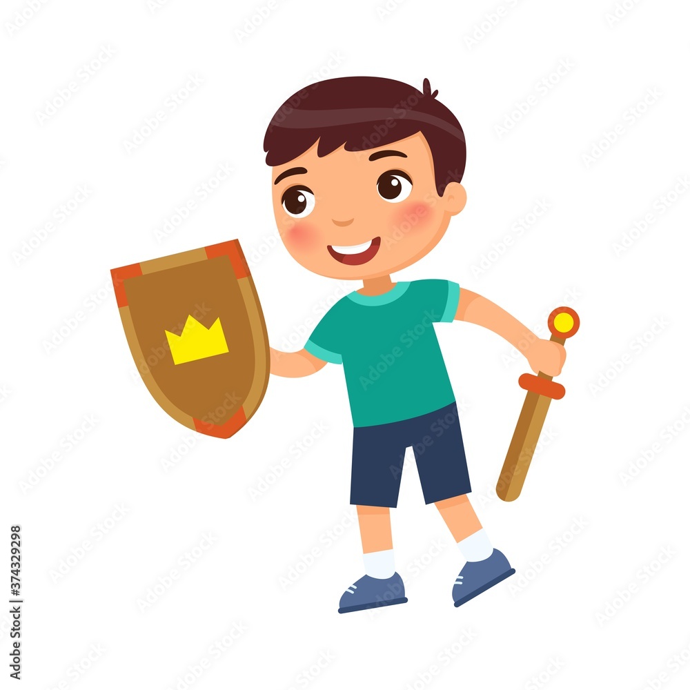 Heroic child with wooden sword and shield. The concept of dealing with ...