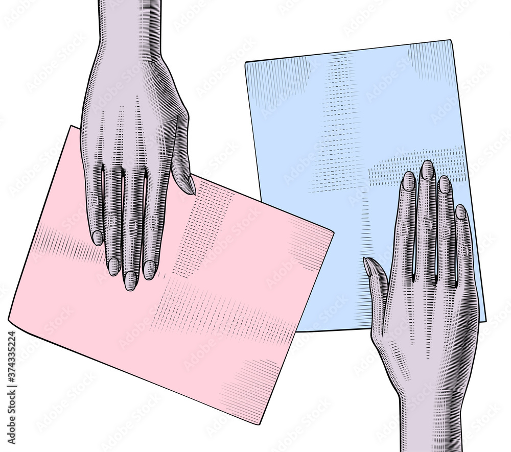 Two hands with a paper sheets. Vintage engraving color stylized drawing ...