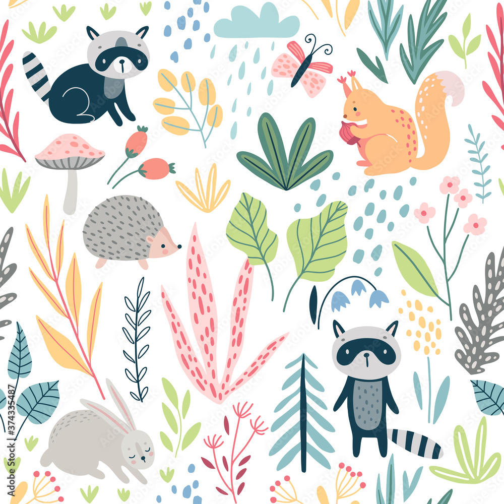 Seamless Forest pattern with wild animals, plants, trees and other ...